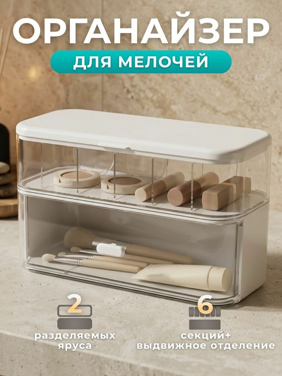 Органайзер для хранения проводов, зарядок, кабелей, аксессуаров и шнуров с крышкой/пластиковый универсальный ящик с разделителями для складывания мелочей и канцелярии/для организации порядка дома