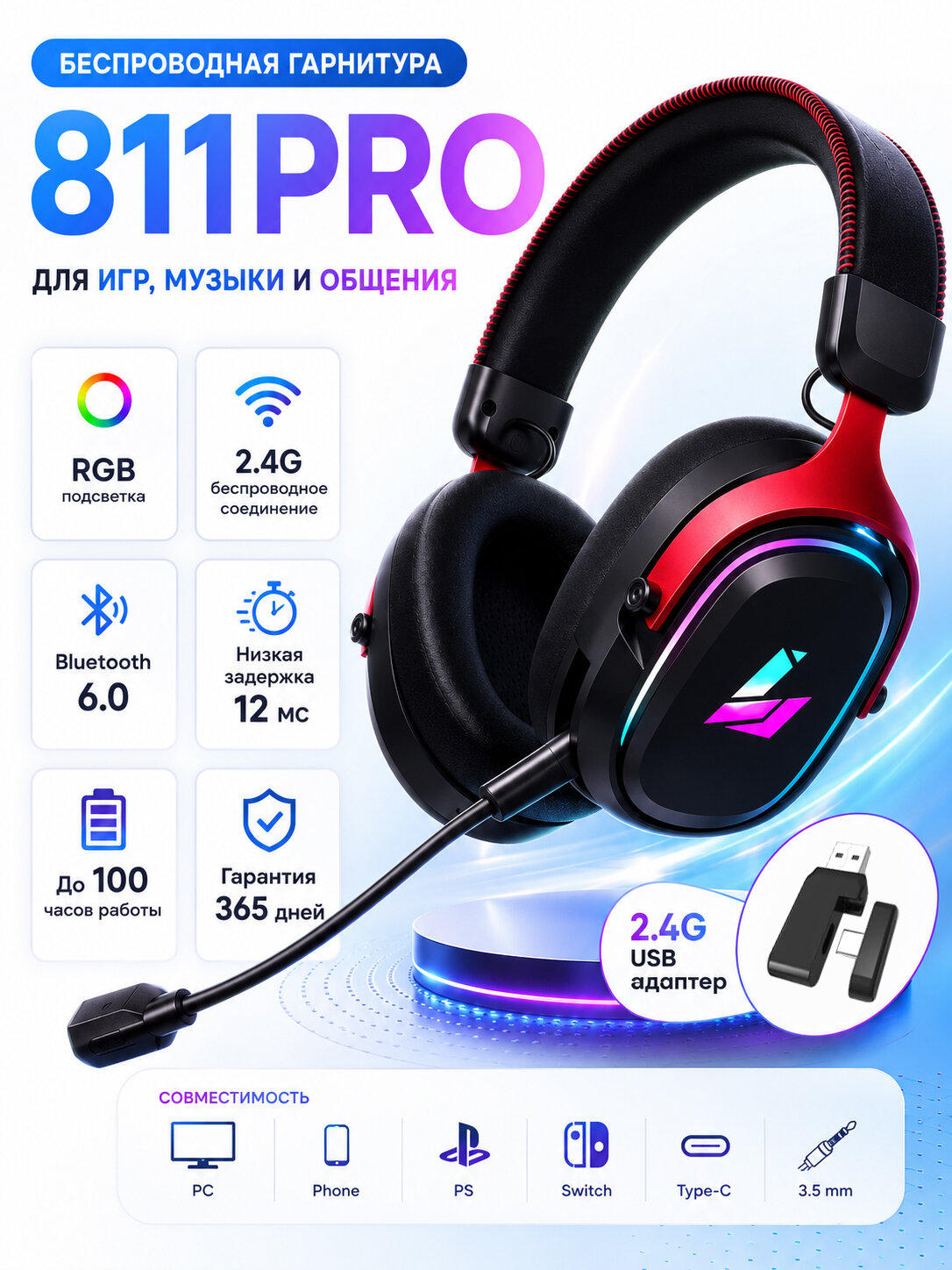 Игровые большие беспроводные наушники черные с микрофоном триварианта подключения: 2,4G + Bluetooth + 3,5 мм. Объемный звук, RGB-подсветка. Подходят для ПК, ноутбуков, PS5, Nintendo Switch