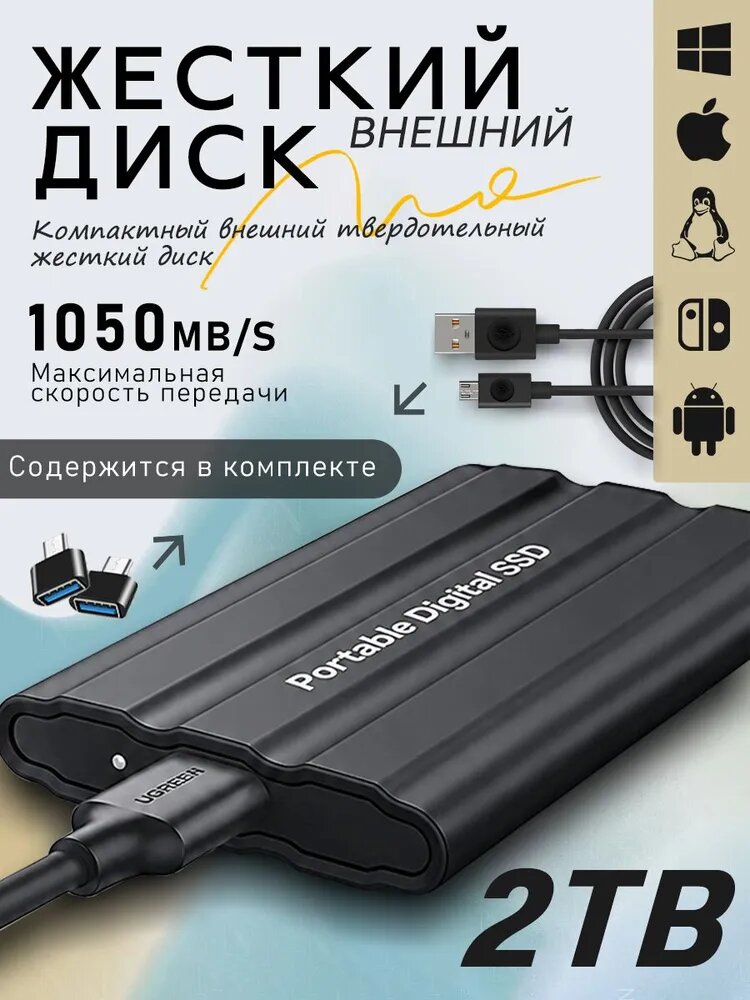 2 ТБ Внешний жесткий диск (Portable SSD PRO 2TB), Металл, Пластик, черно-серый