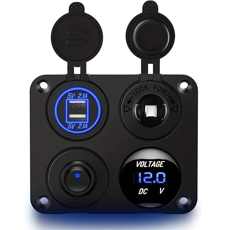 12V розетка для автодома, авто и лодки, 4 гнезда, 1 панель, двойной USB-зарядный порт, LED вольтметр, прикуриватель, рокерный выключатель, синий
