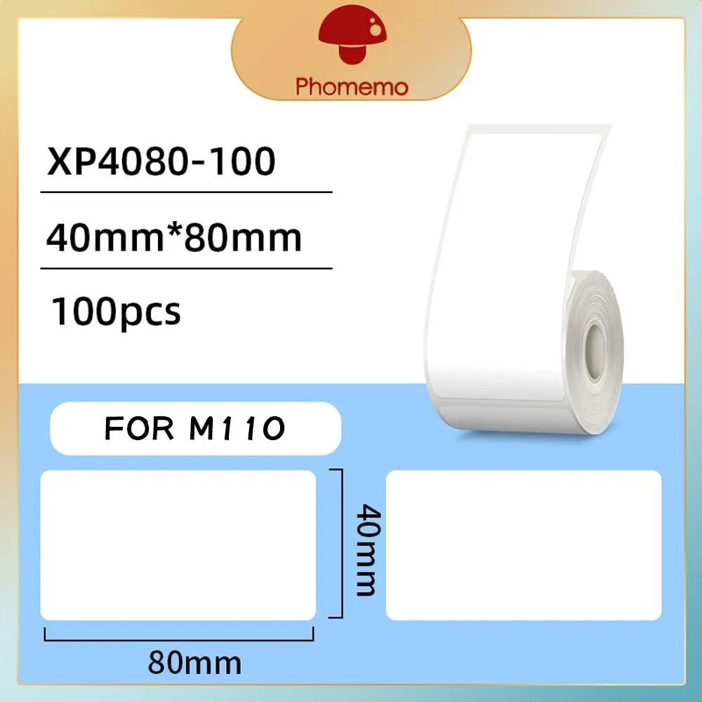 Phomemo Этикетка для печати XP4080-100, 4 x 8 см, 100 шт, белая, самоклеящаяся