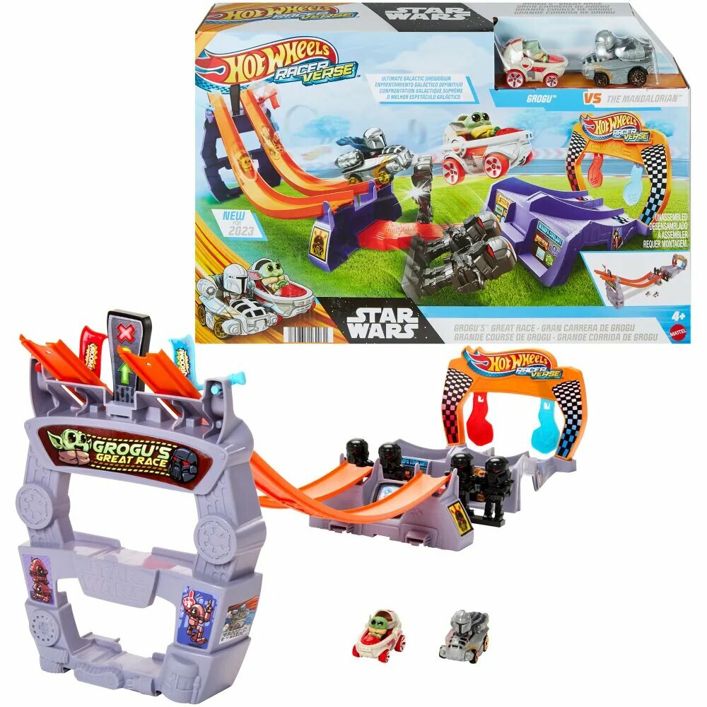 Набор трасс Hot Wheels Racerverse Star Wars с двумя гонщиками, вдохновленными Звездными войнами: Грогу и мандалорец, Гаражный набор