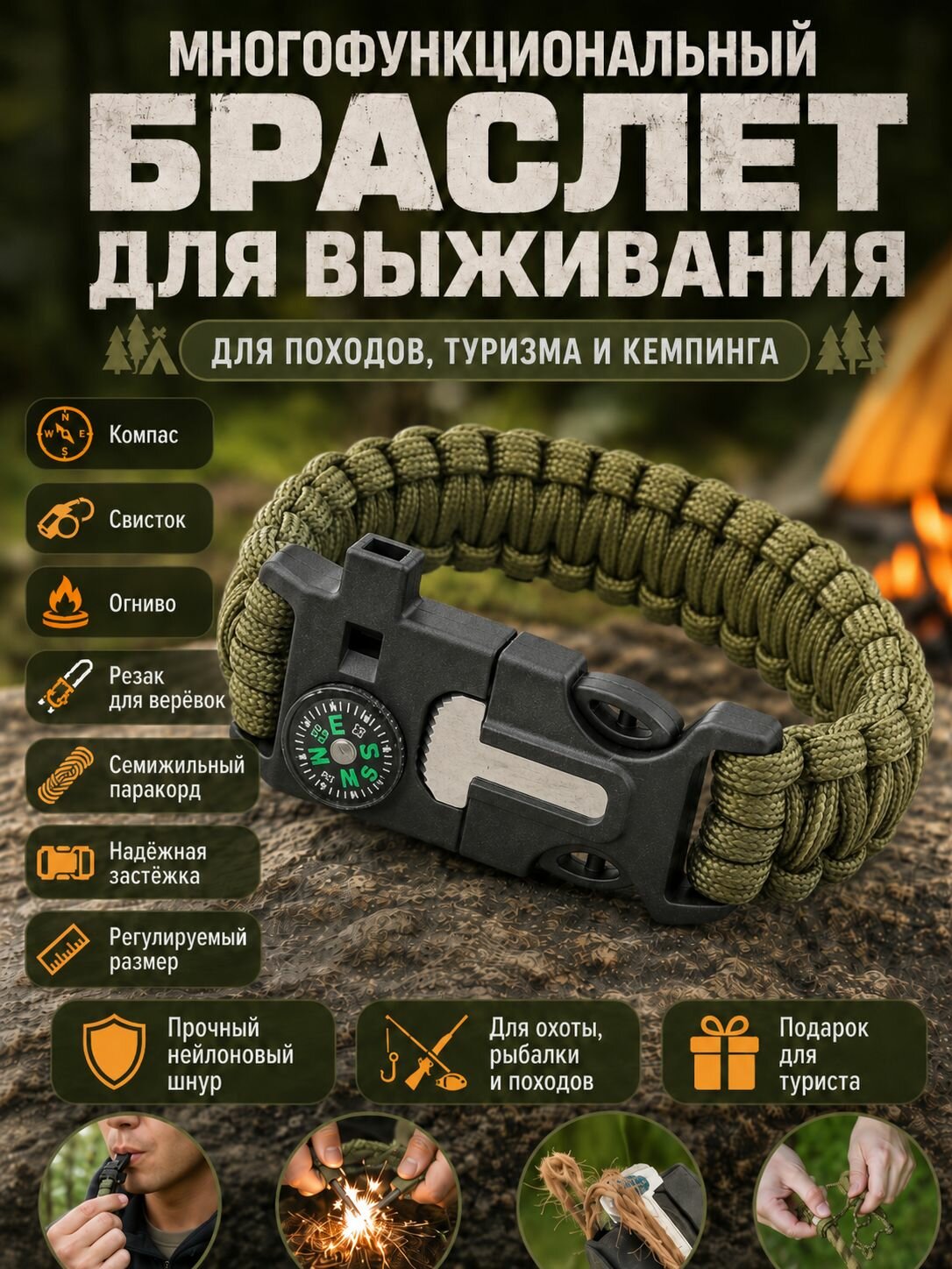Многофункциональная спасательная браслет-верёвка пять в одном 5 функций спасательная верёвка спасательный браслет