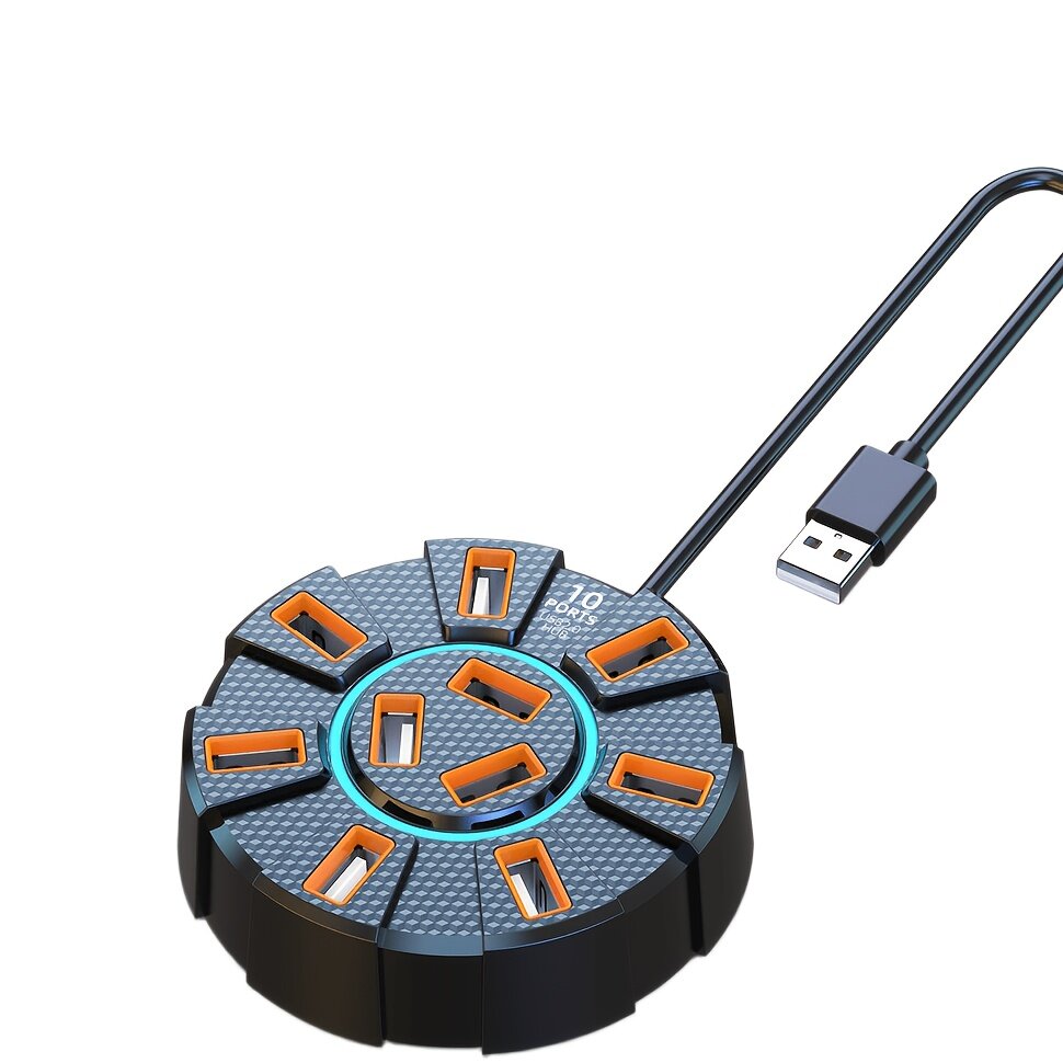 USB-хаб на 10 портов с подсветкой, компьютерный расширитель, высокоскоростная передача данных, Plug-and-Play, для флешек, клавиатур, мышей и принтеров, черный