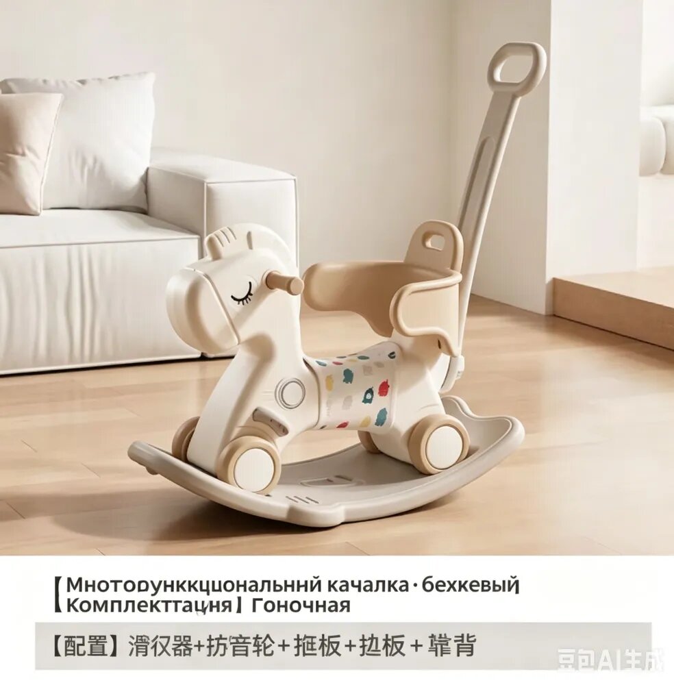 Лошадка - качалка - беговел с ручкой Dino Camel для детей, для дома и улицы, 90х85х34 см, бежевый