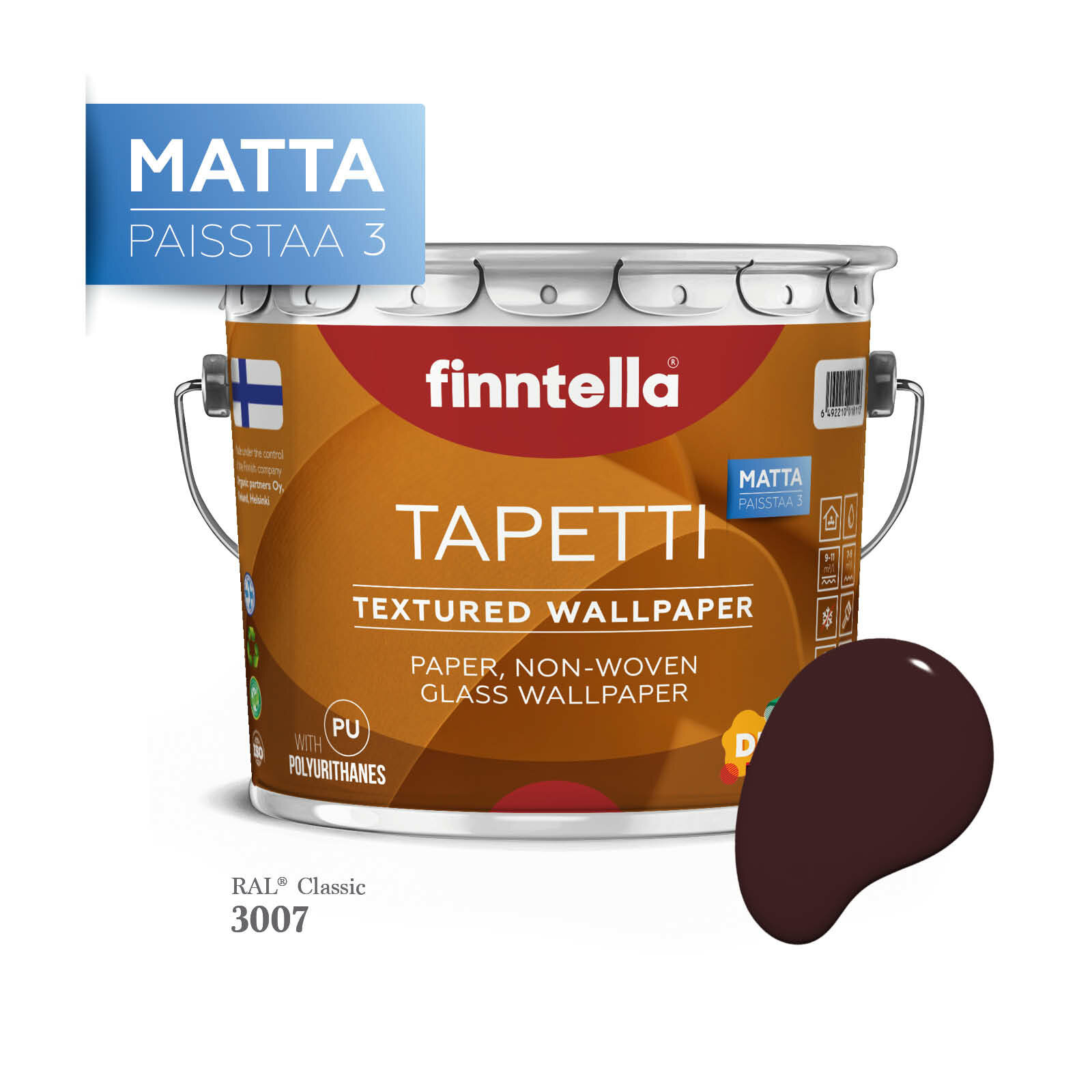 Матовая краска для обоев под окраску TAPETTI Matta FINNTELLA, Цвет RAL 3007 Черно-красный (Black red), 2,7л