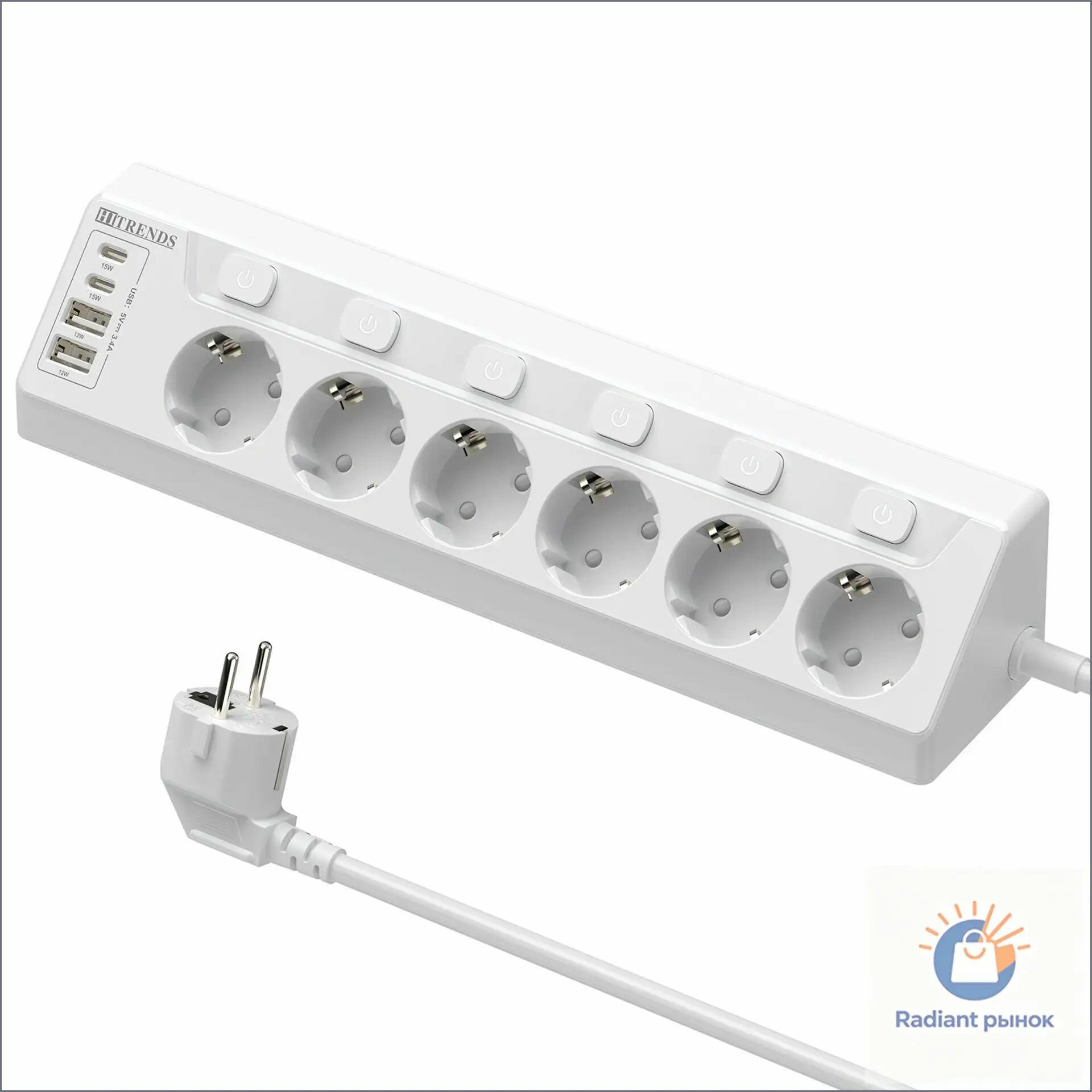 HITRENDS Удлинитель с 6 розетками и 2 USB + 2 Type-C, индивидуальные выключатели, защита от перегрузки, 4000W 16A 250V, огнестойкий и пылезащитный, кабель 2 м