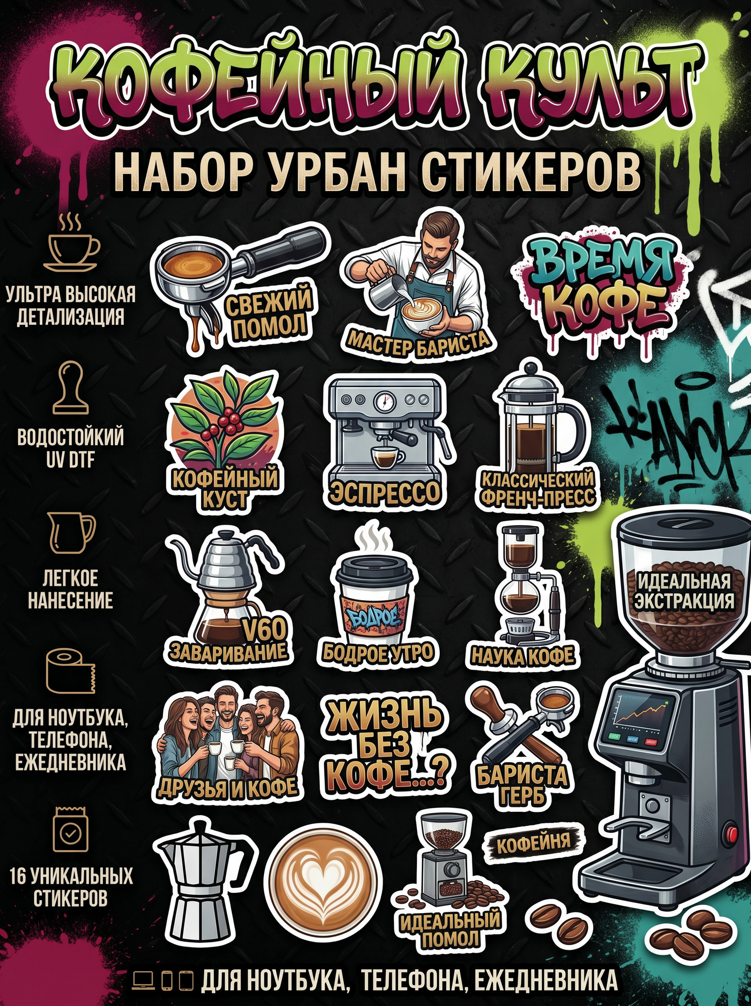 Стикерпак STICKERLABpro Кофейный культ, 16 шт / наклейки про кофе для ноутбука, телефона и ежедневника