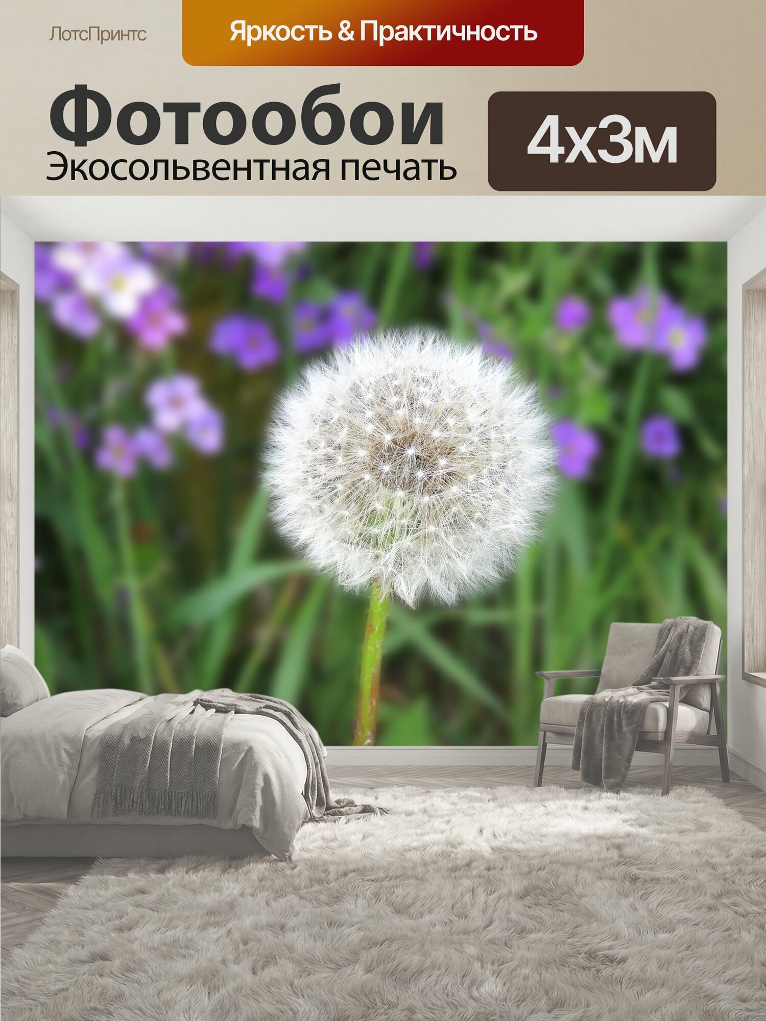 Фотообои "Одуванчик, цветок, одуванчик обыкновенный" 400x300 см. экосольвентная печать