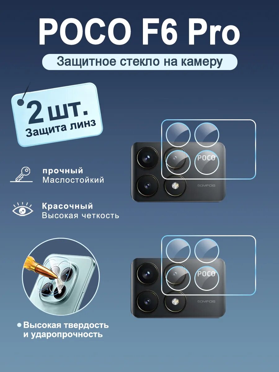 Стекло на камеру для Xiaomi Poco F6 Pro: ударопрочное, без царапин, суперчёткое, лёгкая установка, 2 шт