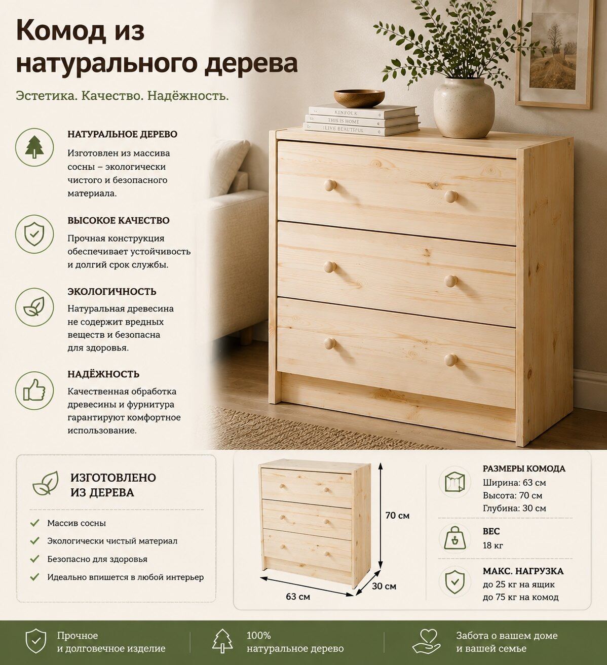 Комод Р-3 c ящиками, 63х30х70, сосна, без покрытия, Икеа аналог