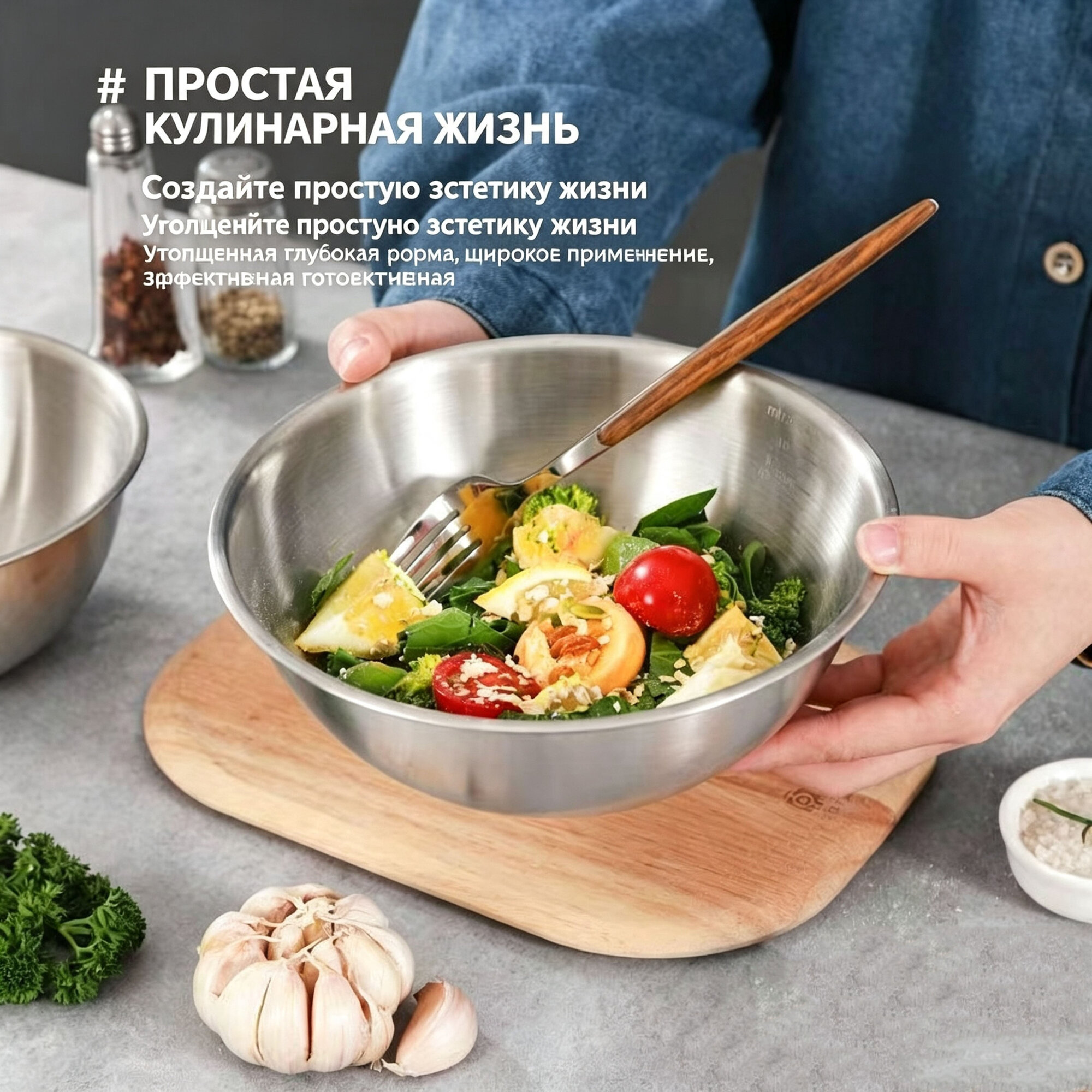 Утолщенная стальная миска диаметр 25 см, для салата и кухонной готовки