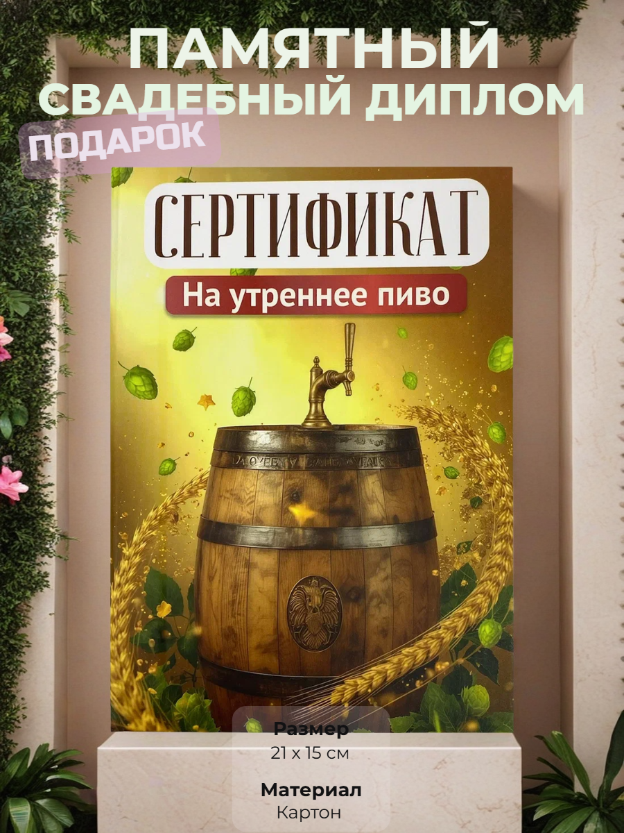 Диплом "Сертификат на утреннее пиво", для свадебного торжества, 21 х 15 см.