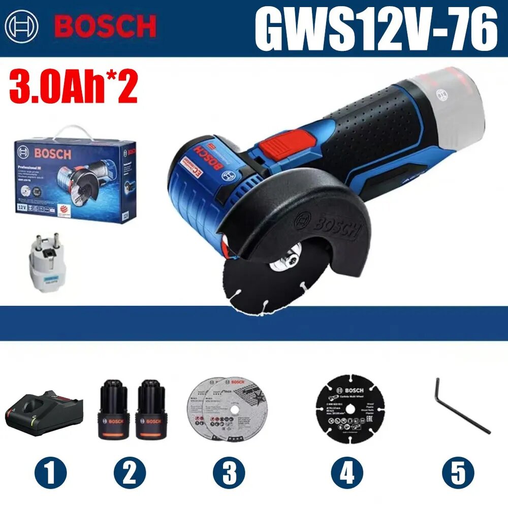 Бош малая пила GWS12V-76,2, комплект из 3 аккумуляторов 3.0Ah и зарядного устройства GAL12V-40,