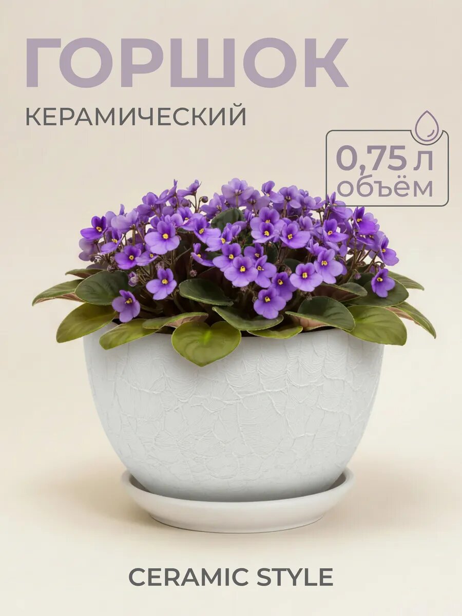 Горшок для цветов с дренажным отверстием и поддоном, 0,75л, керамика
