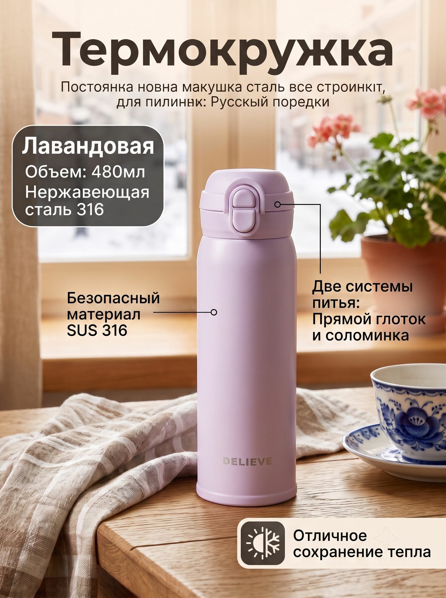 Термос изготовлен из качественной нержавеющей стали, безопасной для здоровья. Подходит для горячих и холодных напитков, надолго сохраняет температуру