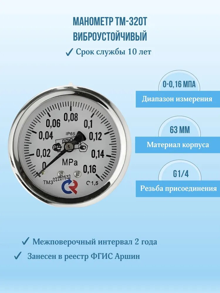 Манометр "росма" ТМ-320Т.00 0-0,16МПа G1/4, кл. т. 1,5 (гидрозаполненный)