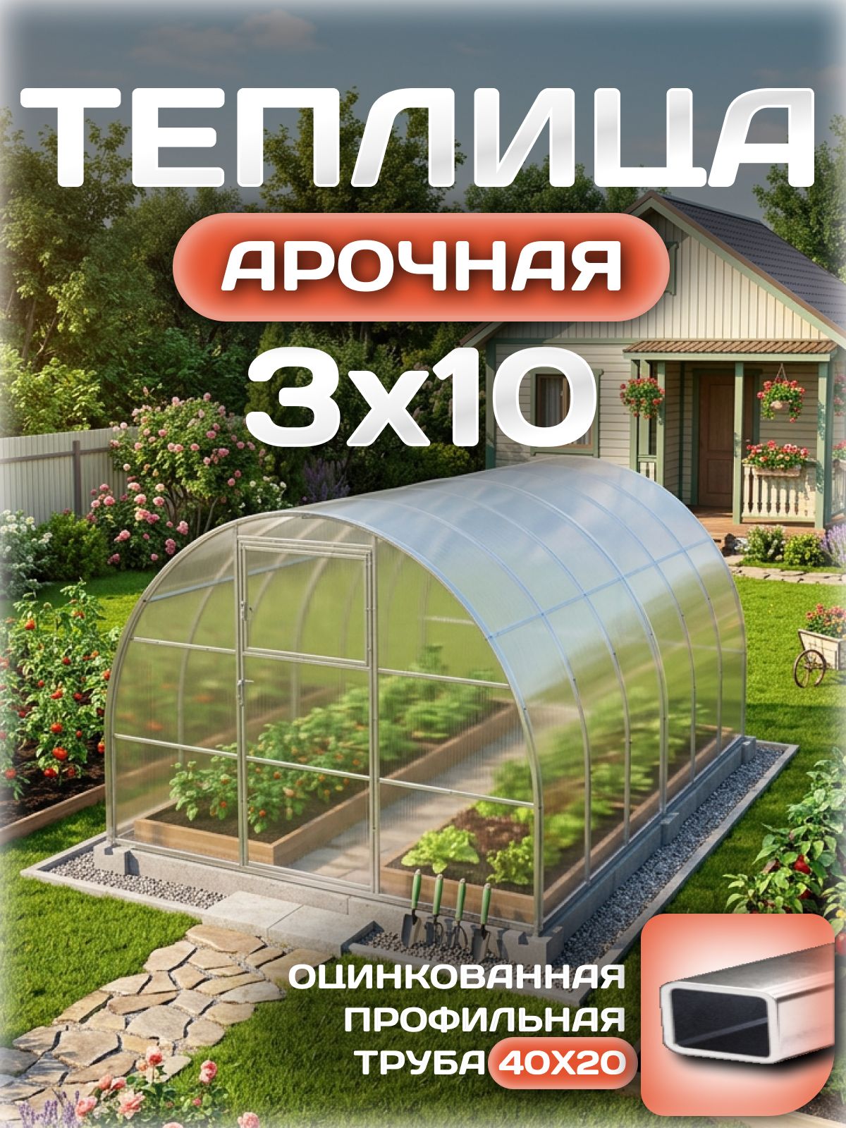 Теплица арочная 3х10 м усиленная с поликарбонатом 4мм 0.55кг/м, оцинкованный профиль 40х20 мм