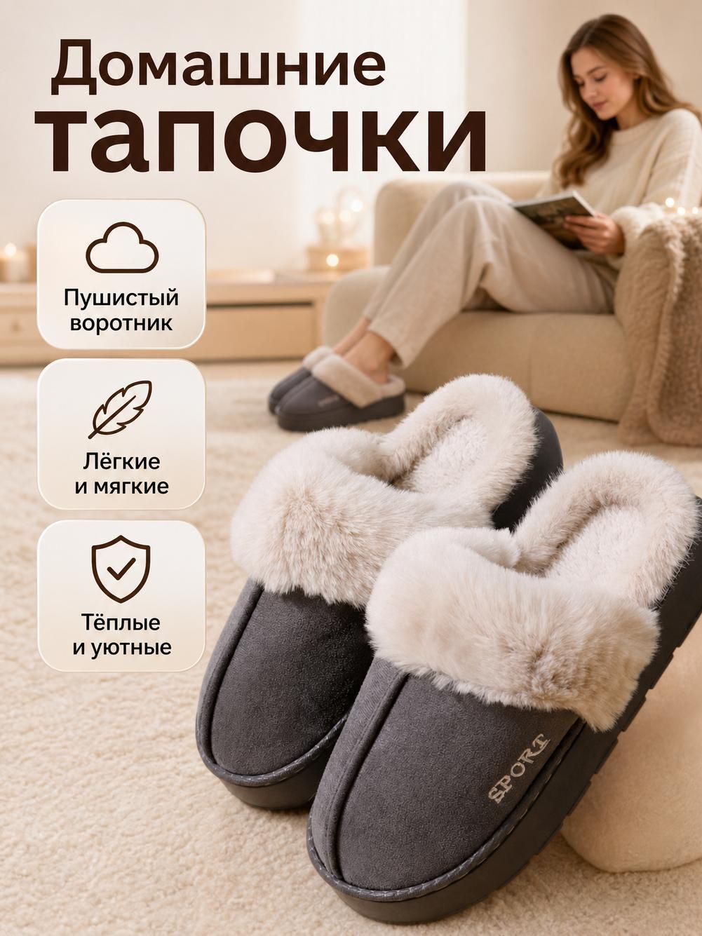 Тапочки, размер 36-37, серый