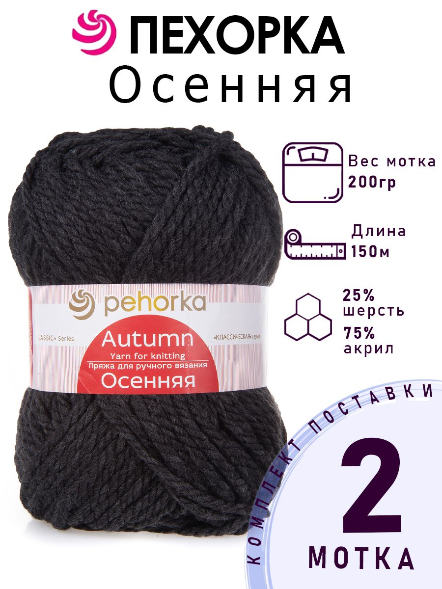 Пряжа для вязания Пехорка "Осенняя" 25% шерсть, 75% пан объемный, цвет №435 антрацит, 2 мотка х 150 м, 200 г
