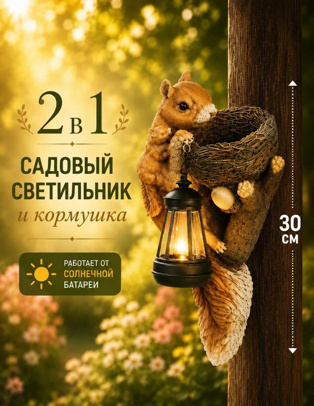 Светильник садовый на солнечной батарее уличный Белка с бельчонком