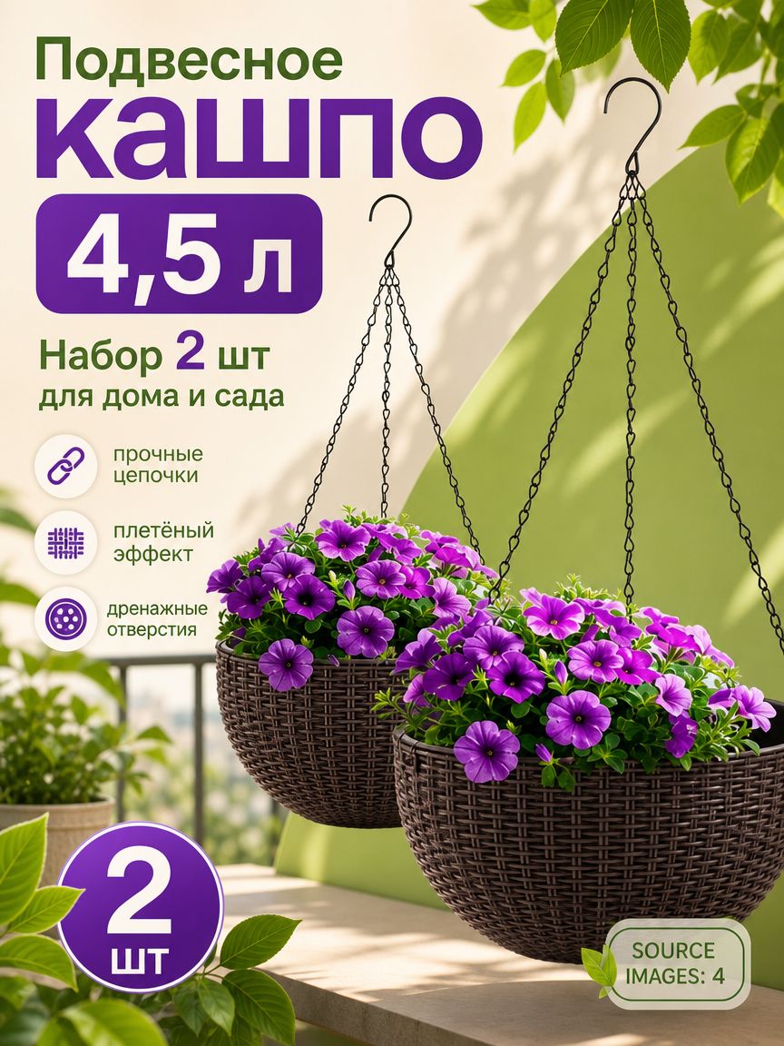 Кашпо 5 л, 40 см, 2 шт, цвет темно-коричневый.