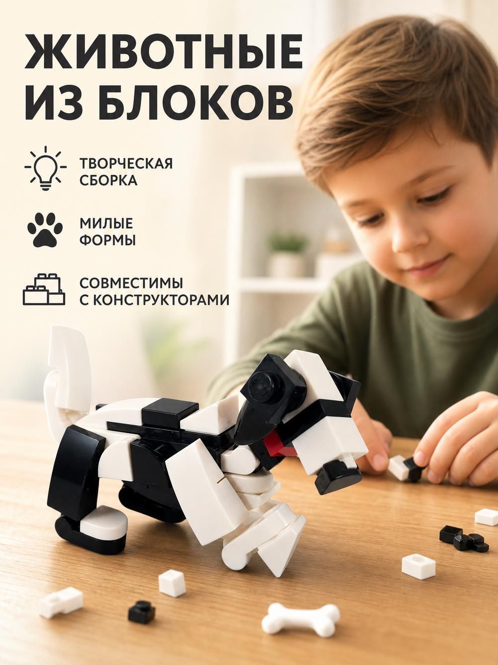 Сборка моделей кошек и собак из строительных блоков