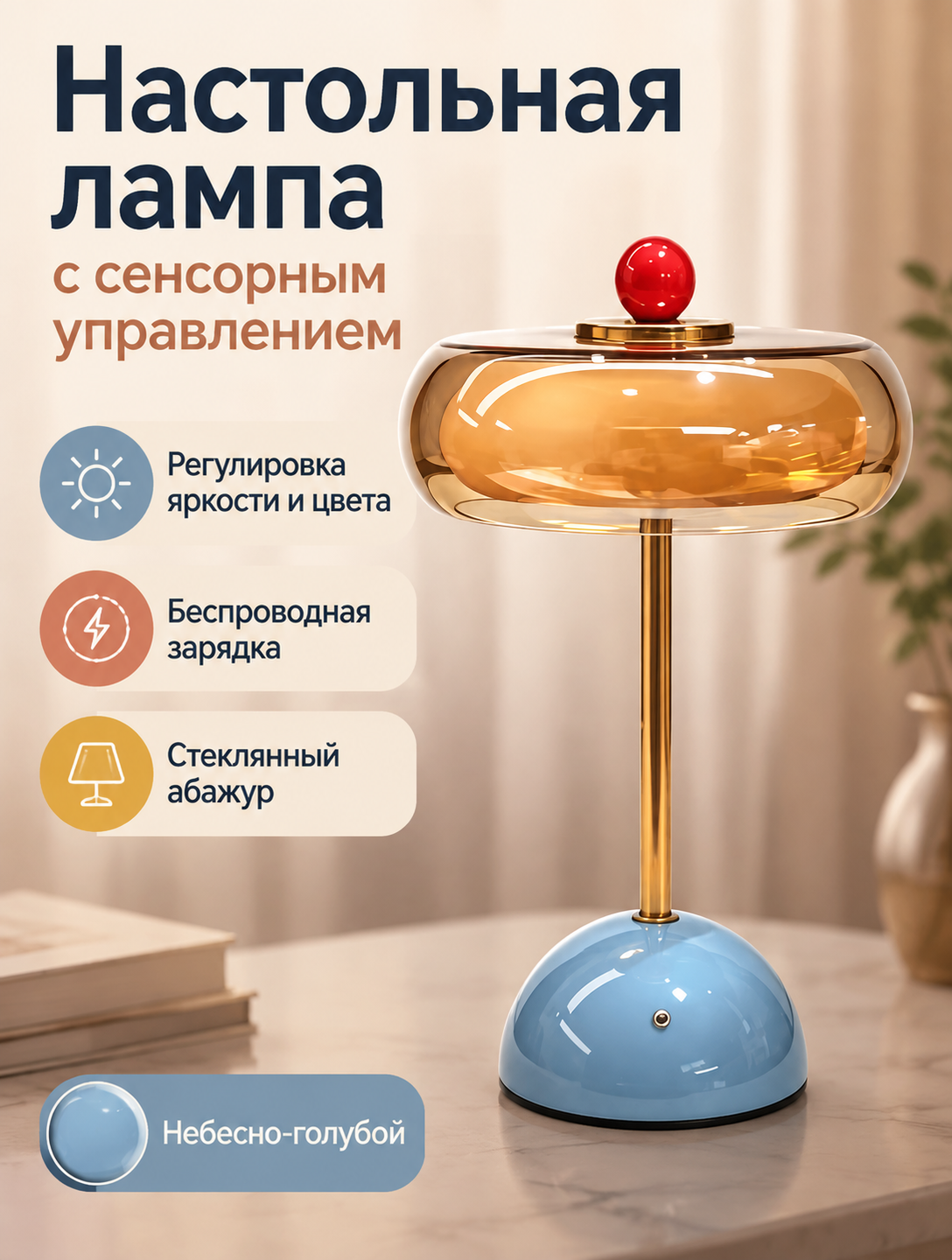 Настольная лампа беспроводная сенсорная с регулировкой цвета и яркости, металлический корпус голубого цвета, портативный светильник с аккумулятором