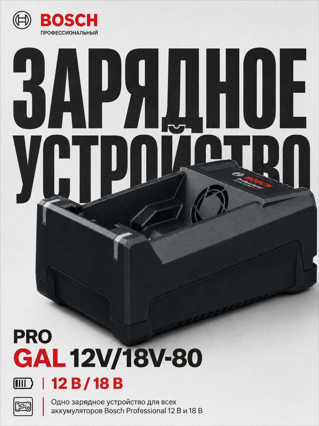 Быстрозарядное устройство Bosch Professional GAL 12V/18V-80 для аккумуляторов 12 В и 18 В, 8 А