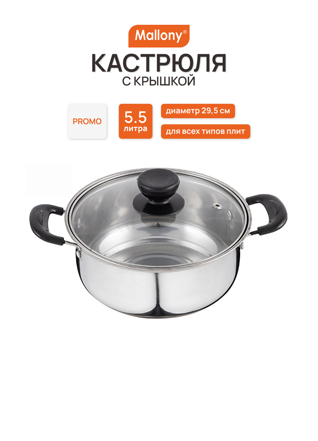 Кастрюля 5,5 л Promo 104617, нерж. сталь, зеркальная полировка