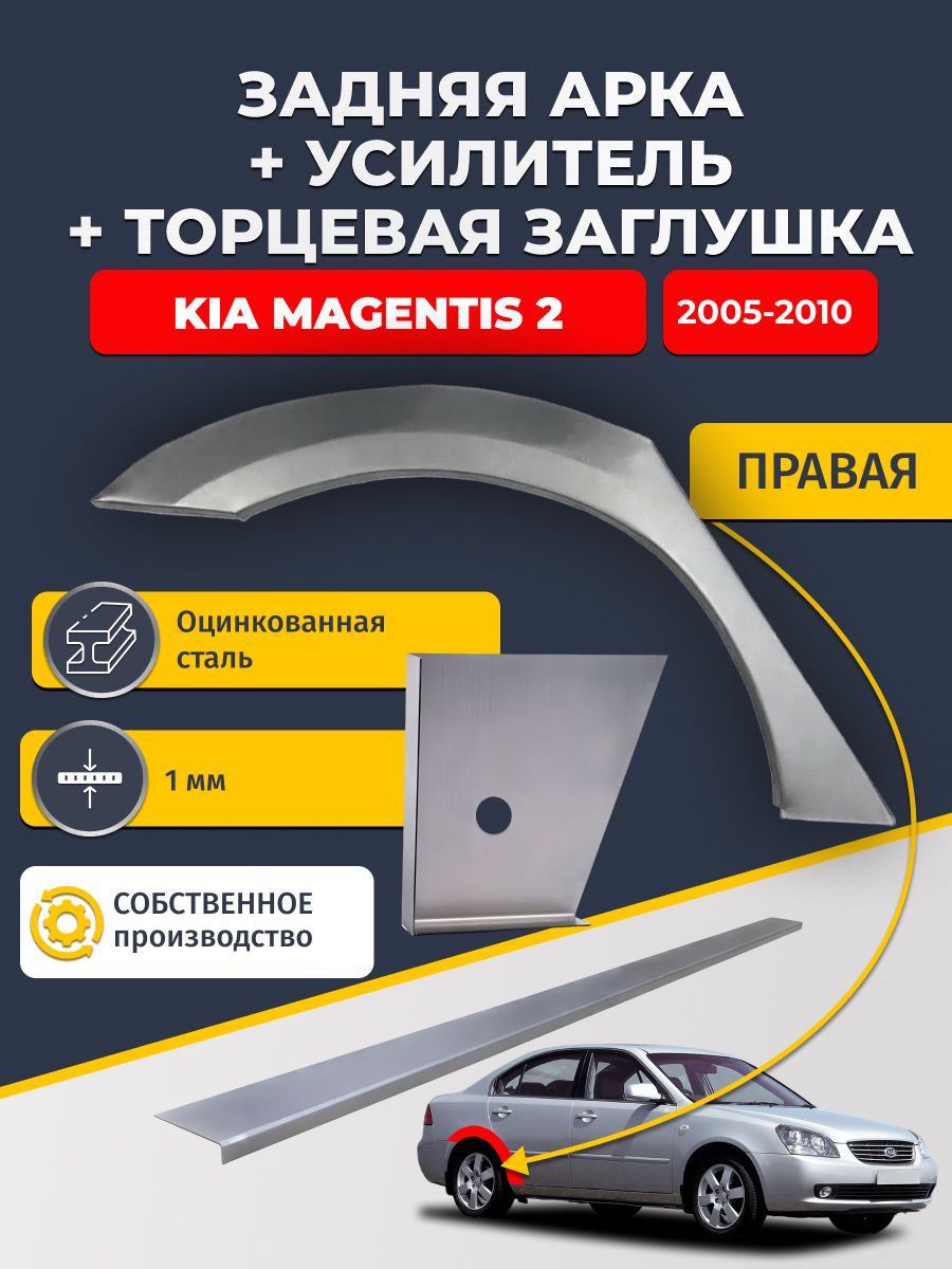 Правая ремонтная задняя арка (0,8 мм) + торцевая заглушка (1 мм) + усилитель (1 мм) на Kia Magentis 2 2005-2010 (Киа Маджентис 2). Оцинкованная сталь 1 мм