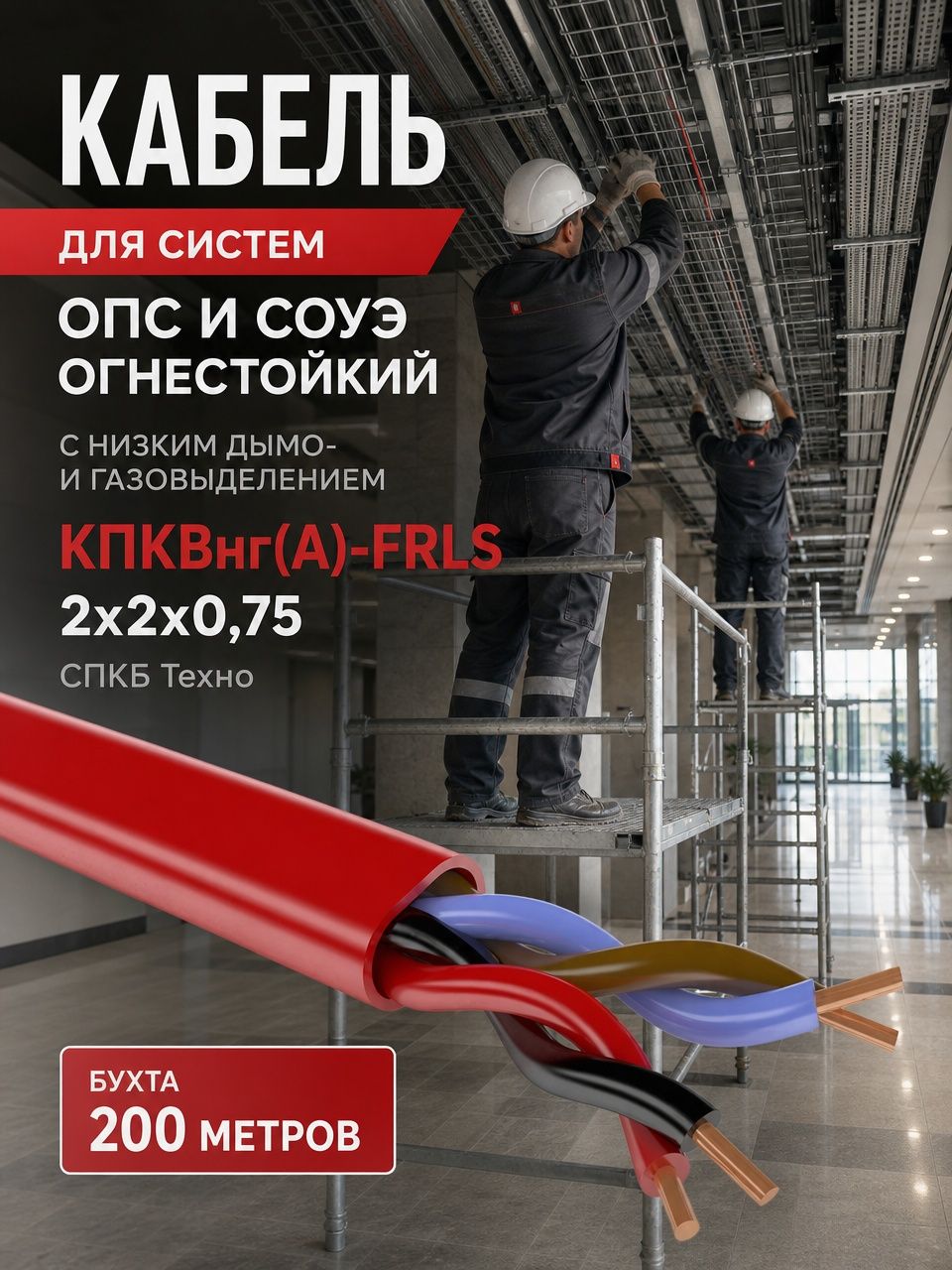 Кпквнг(А)-FRLS 2х2х0,75 Кабель для систем ОПС и СОУЭ огнестойкий, с низким дымо и газовыделением 200 метров
