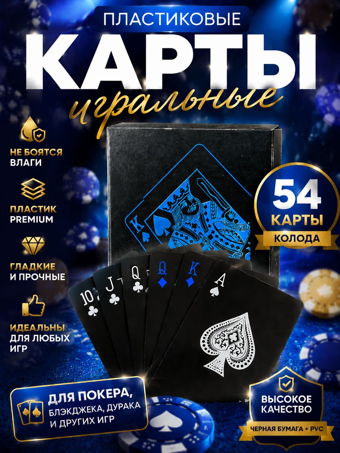 Игральные карты 100% пластик "синий" 54 шт , Сувенирные карты с голографическими узорами, тактильно приятные на ощупь, Настольные игры для взрослых и детей