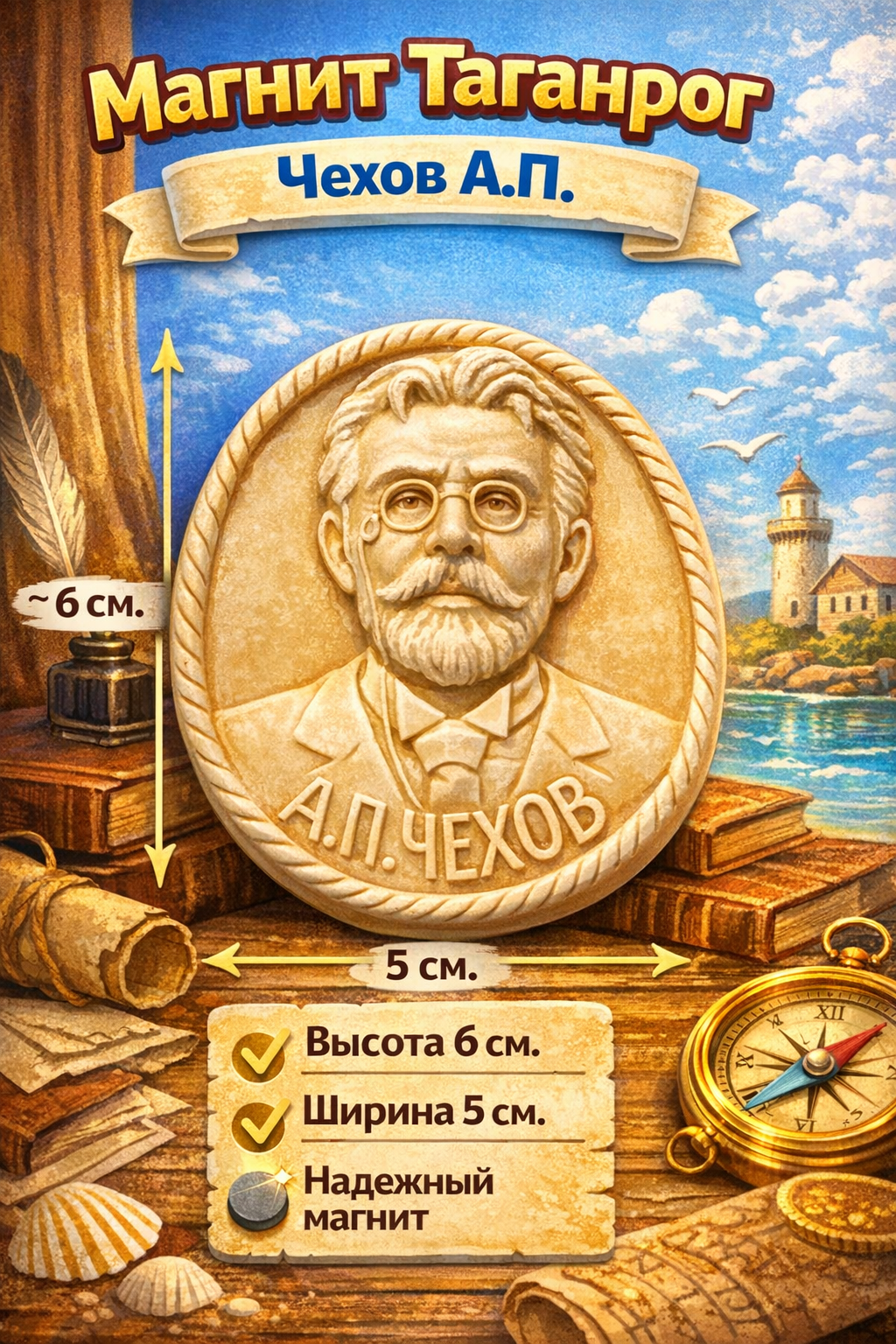 Магнит Таганрог А. П. Чехов, коричневый, керамика, 60х50х6 мм. 1 шт.