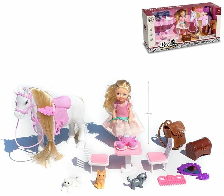 Игрушка Кукла(14см) с лошадкой и аксессуарами(16 предметов)в коробке