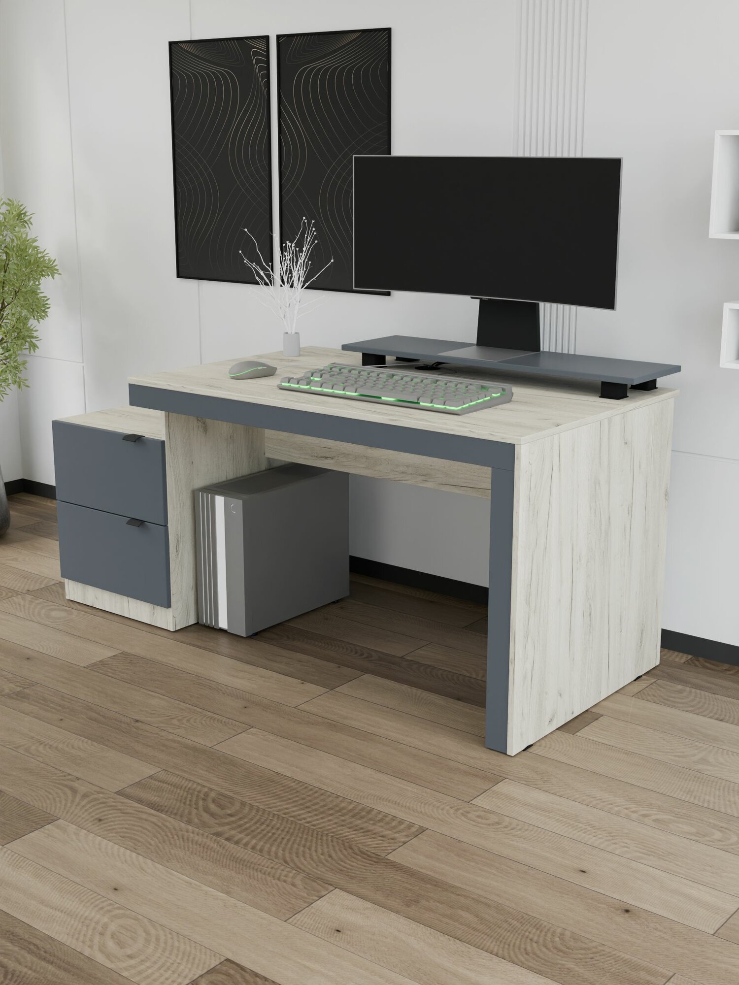 Изумлит Стол компьютерный для офиса и дома Вертикаль Компакт Лайт 165х73х74.5 см, тумба слева, дуб крафт белый - графит