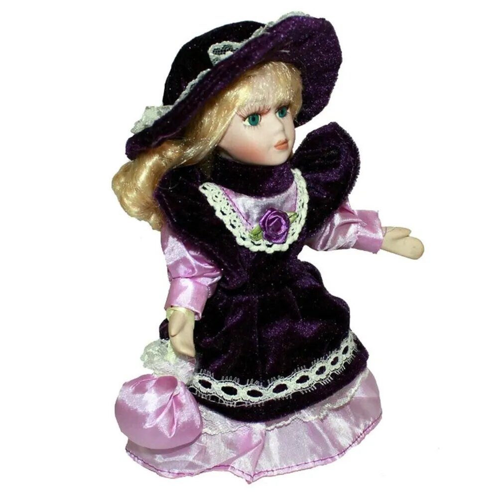 Коллекционная фарфоровая кукла, 20 см, викторианский стиль, с шляпой, фиолетовая