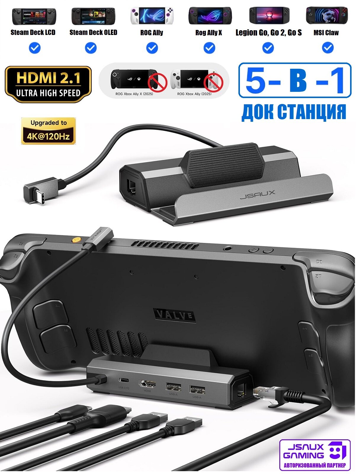 Док-станция JSAUX HB0602S 5 в 1 HDMI 4K@120Гц, PD 100W, 2 x USB-A для ROG Ally X, ROG Ally, Steam Deck, MSI Claw