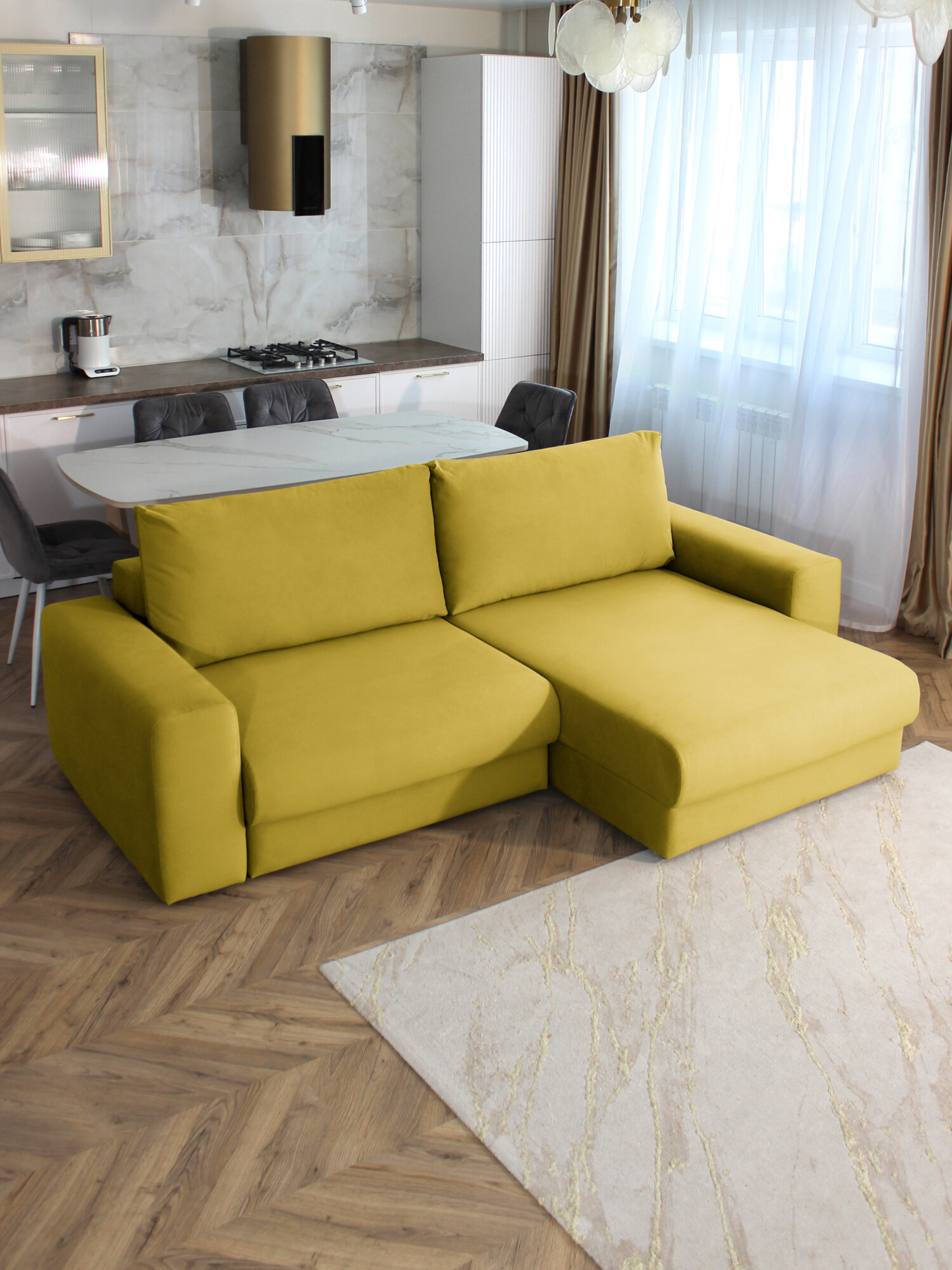 Диван-кровать угловой Лофт желтый, правый угол, Независимый Пружинный Блок, механизм выкатная Еврокнижка, 250х155х65 см