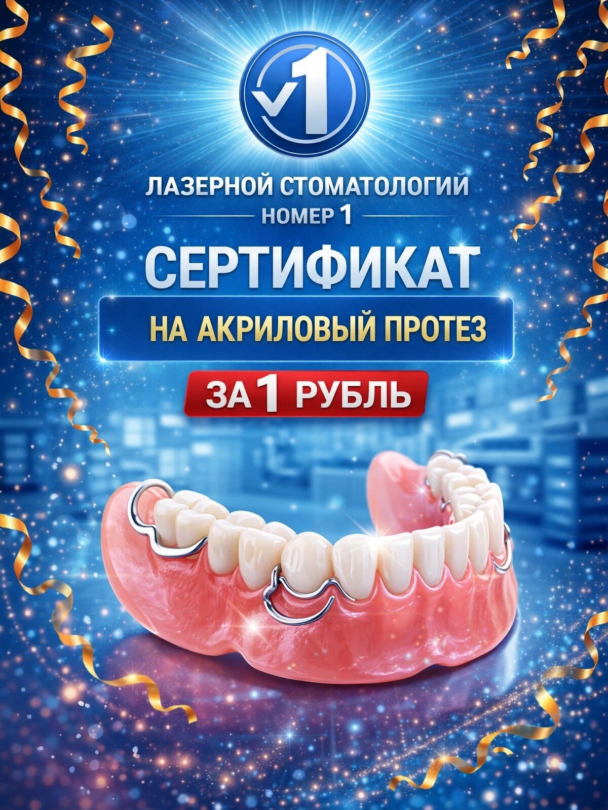 Сертификат на доступ к услуге Акриловый протез в Лазерной Стоматологии номер 1. За 1 рубль.