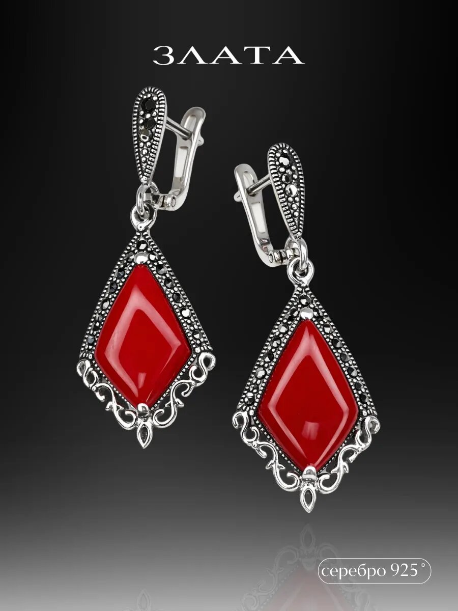 Серьги, 925 проба, коралл, марказит