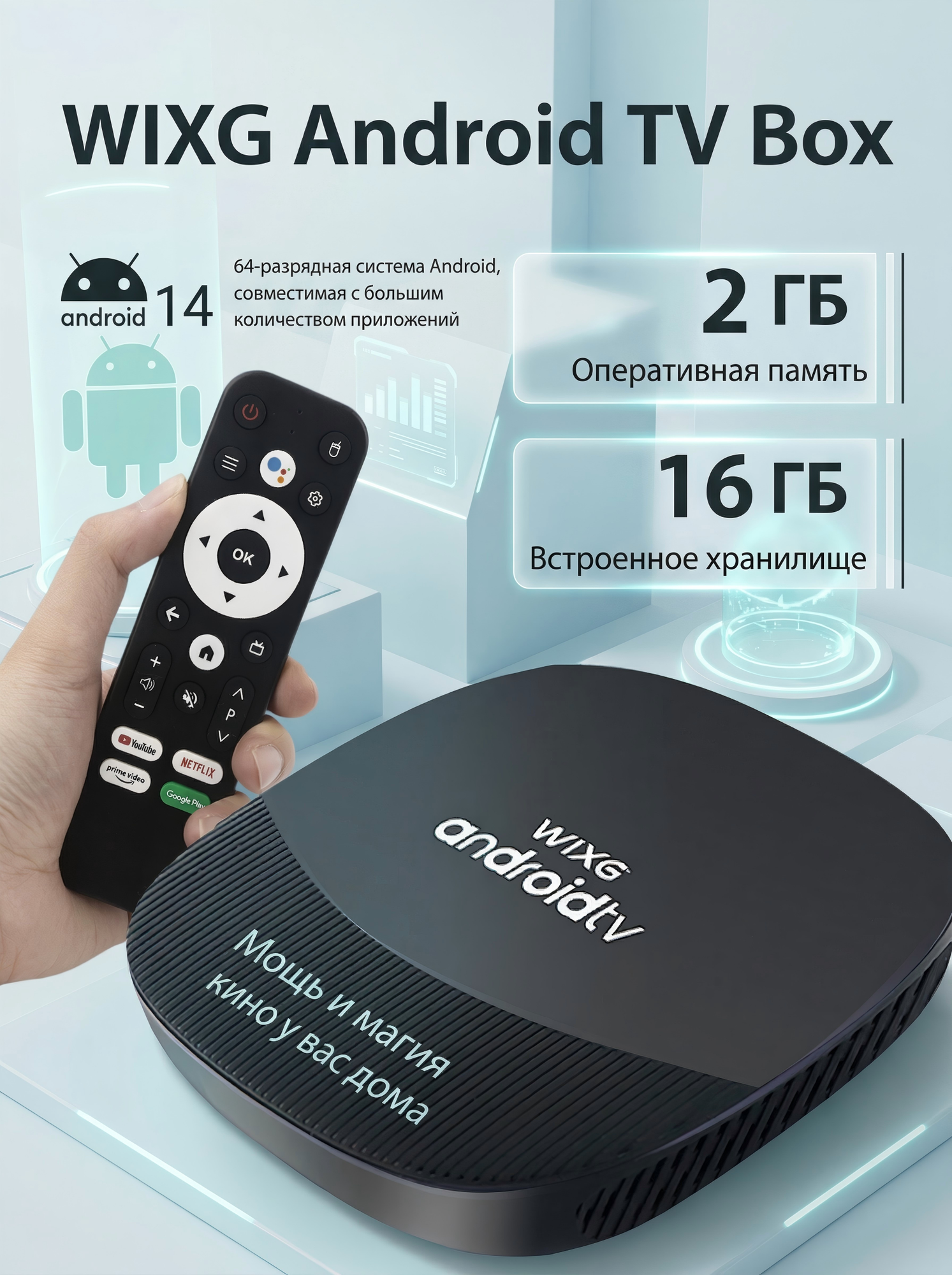 WIXG Медиаплеер Смарт ТВ приставка Android,14 , Bluetooth, Wi-Fi, черный матовый