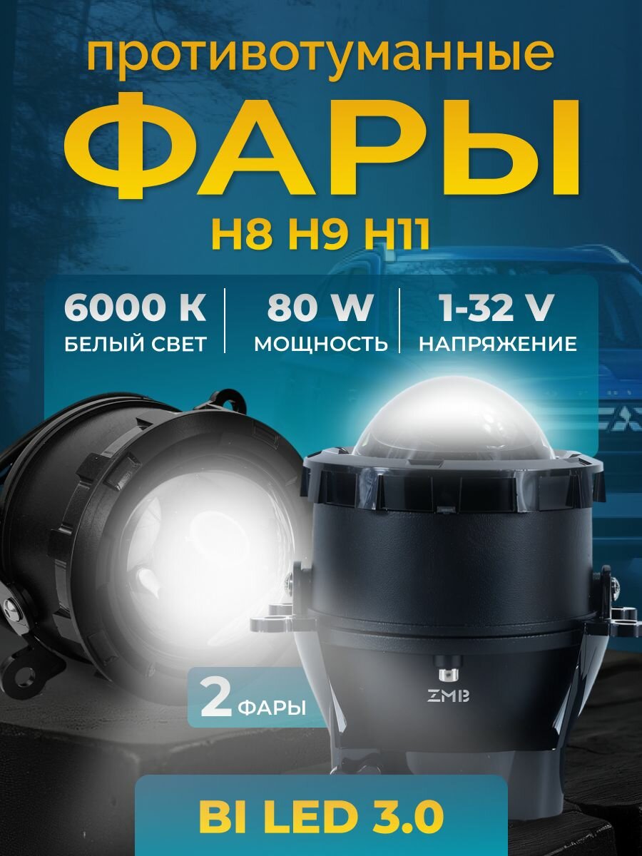 Противотуманные светодиодные фары, противотуманки 12-32в / Линзы для Лада Гранта fl передние, Веста, Форд Фокус, Рено Логан, Лансер / линзованные птф туманки, 2 шт.