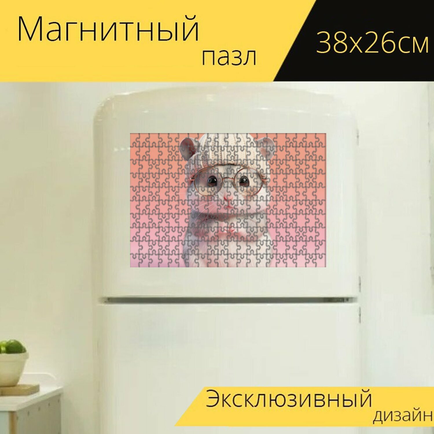 Магнитный пазл "Хомяк в очках и шапке. Милый пушистый грызун в круглых очках и вязаной шапочке на розовом фоне. 3D иллюстрация в пастельных тонах, kawaii." для интерьера, 38х26 см.