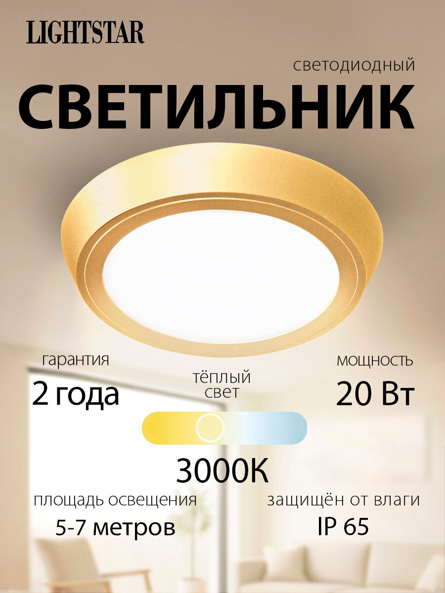 Светильник потолочный светодиодный влагозащищенный Lightstar URBANO 216932, IP65 для ванной и улицы, 3000K, 20W, круглый, золотой