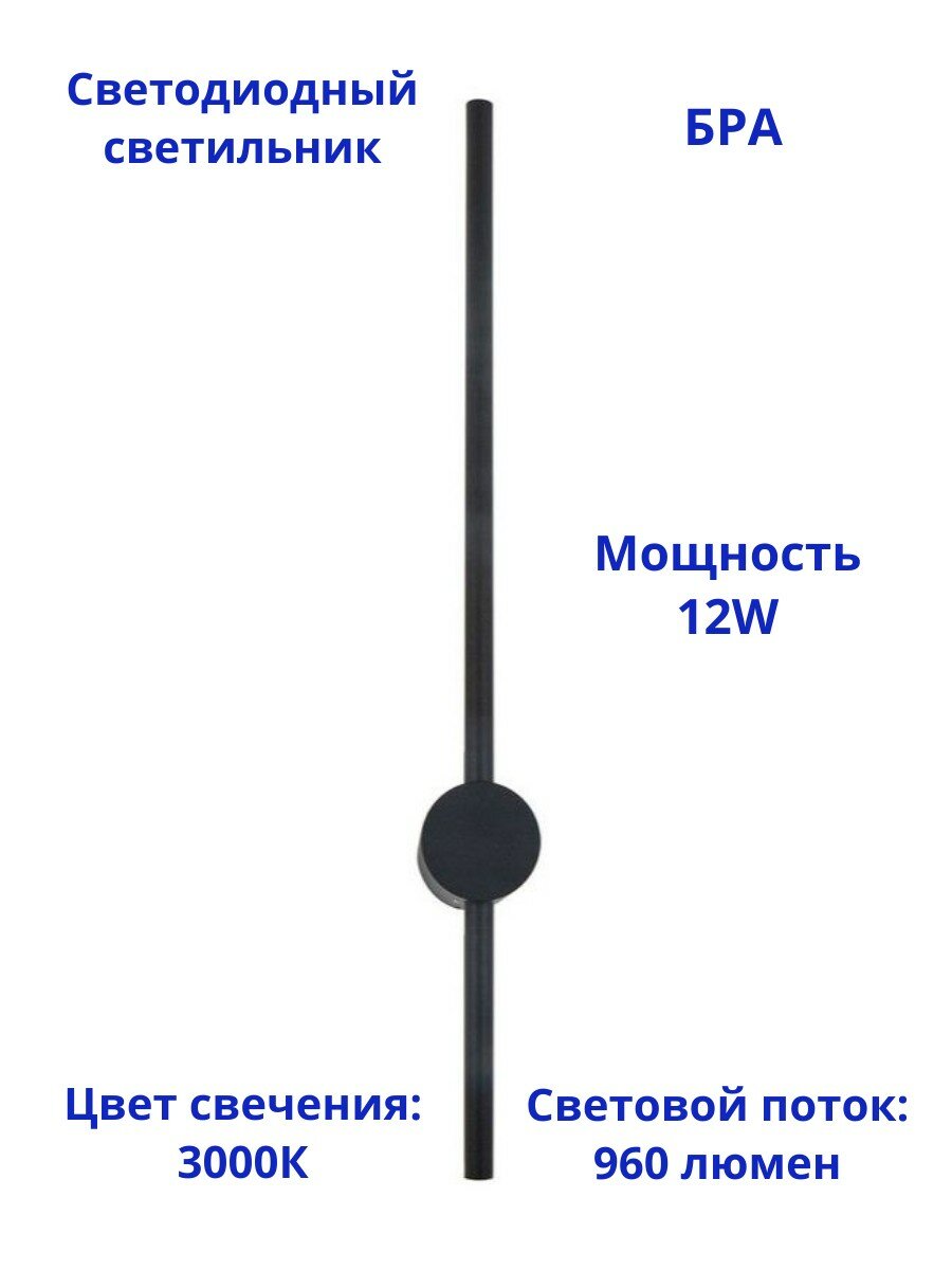 Бра, настенный светильник Локи черный h60 w10,5*6 Led 12W (3000K), теплый белый свет