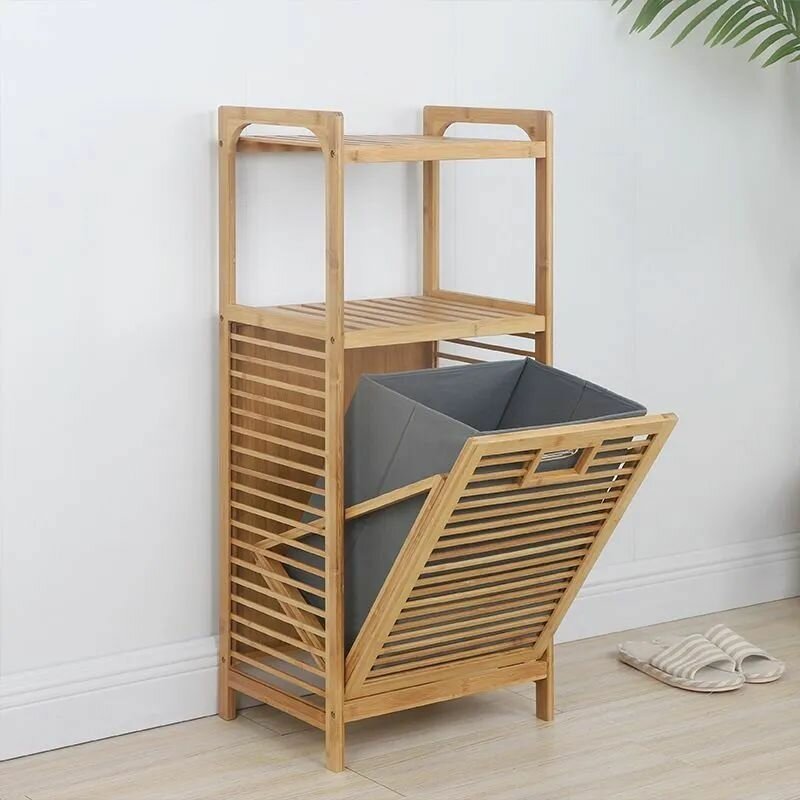 Бамбуковая этажерка для ванной 95×40×30 см — 3 уровня хранения: открытые полки и закрытый шкафчик из тамбурат.