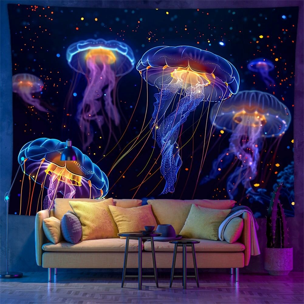 LI DESIGN Гобелен "UV Флуоресцентный гобелен Танец медуз в темноте", 200х150 см, 1 кусок настенного полотна", 200х150 см, 150X200CM， 1 шт
