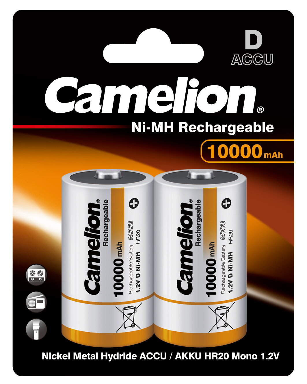 Аккумулятор D Camelion 10000 mAh Ni-Mh (тип R20), напряжение 1.2В, блистер 2 шт, высокая емкость