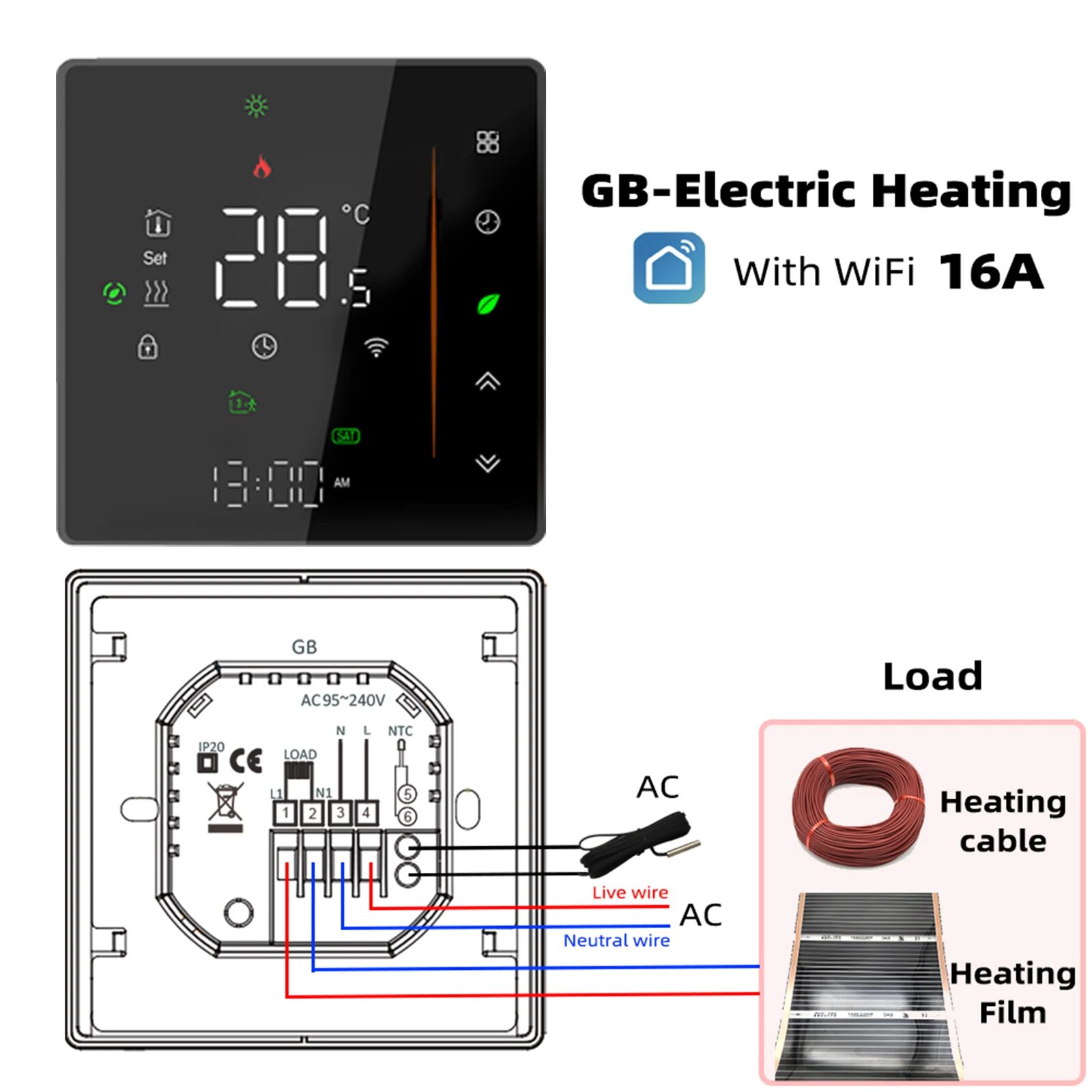 BHT006Minco Heat Tuya WiFi Умный газовый котел Термостат обогрева Цифровой дисплей Домашнее подполное обогревание Цифровой температурный регулятор-Электрический-Черный